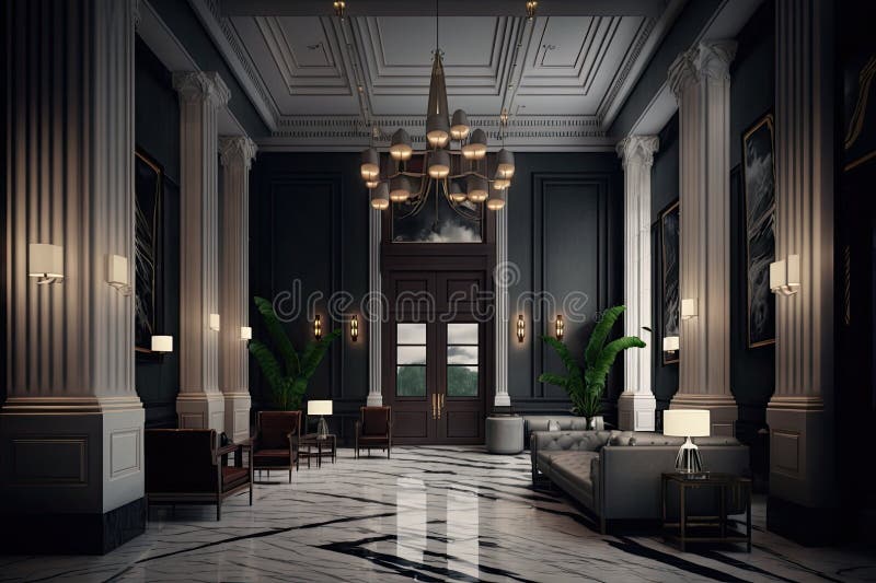 Empty Luxury Hotel Reception on Stormy Night, with Lightning and ...