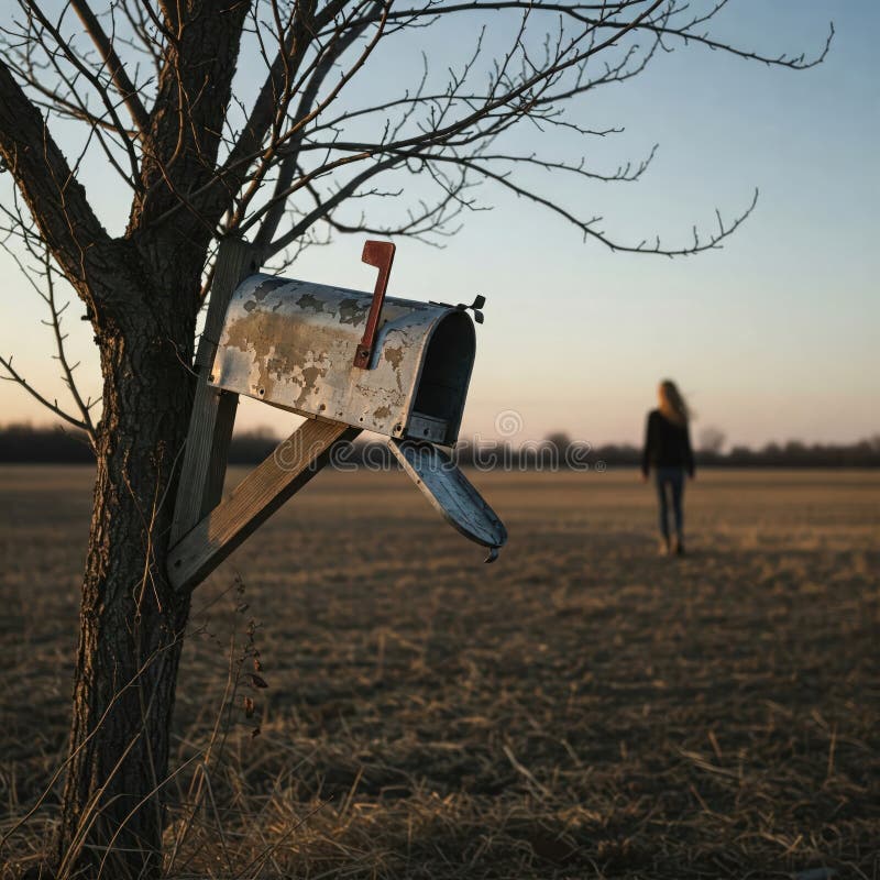 An Empty Mailbox on a Tree and a Woman Leaving. Stock Image - Image of ...