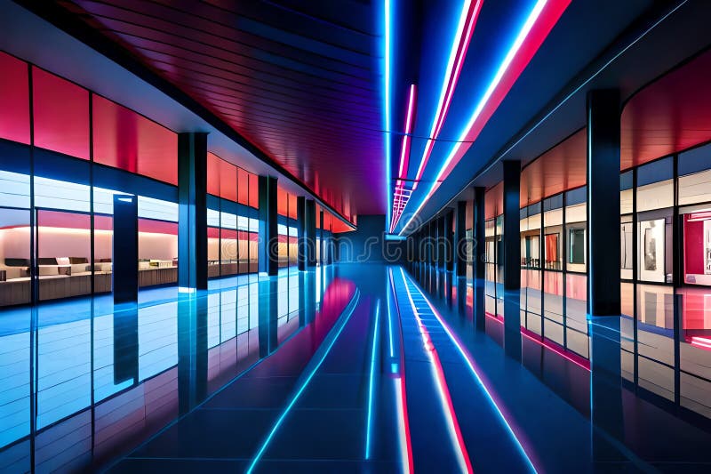 An Empty Mall with Bright Neon Lights at Night, No People. Generative ...