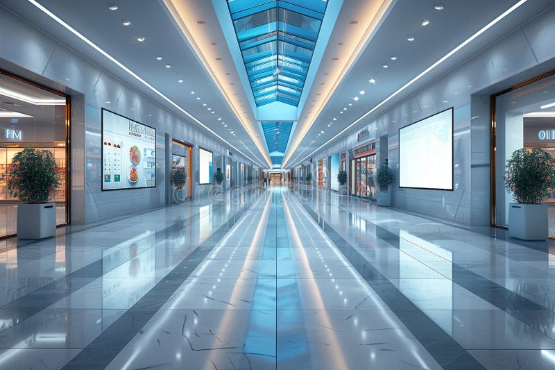 Empty Mall Corridor with Skylight and Storefront Displays Stock Photo ...