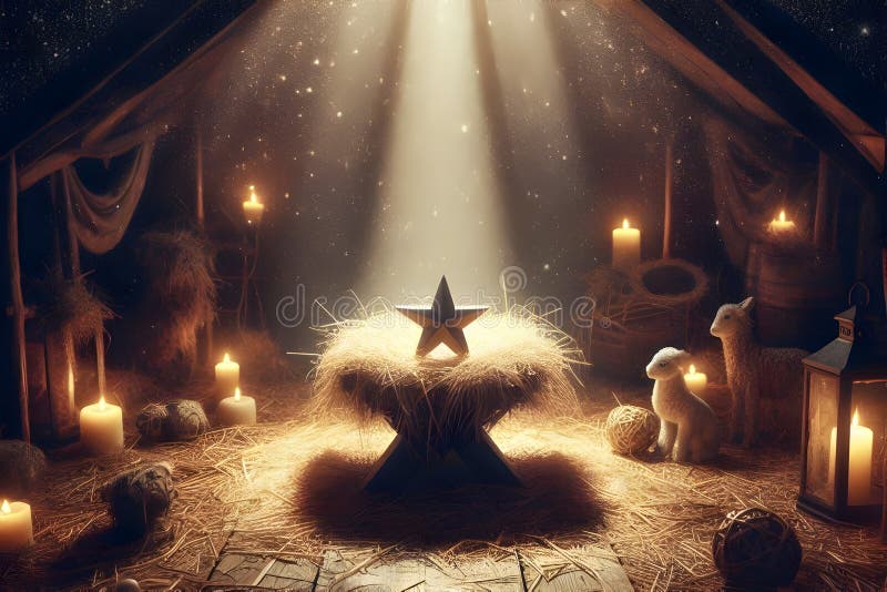 An Empty Manger and a Bright Star, Concept of Nativity Scene As in ...