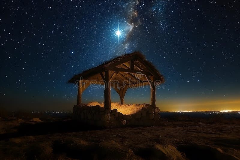 An Empty Manger and a Bright Star at Sky, As a Concept of Nativity ...