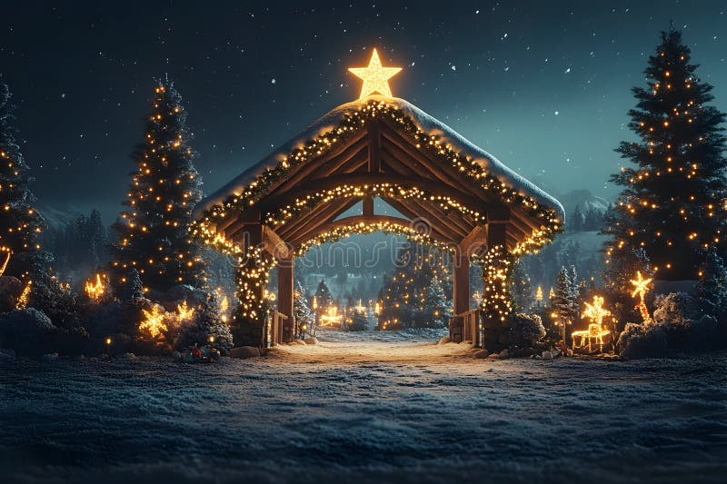 An Empty Manger, a Bright Star at Sky and Christmas Tree As a Concept ...