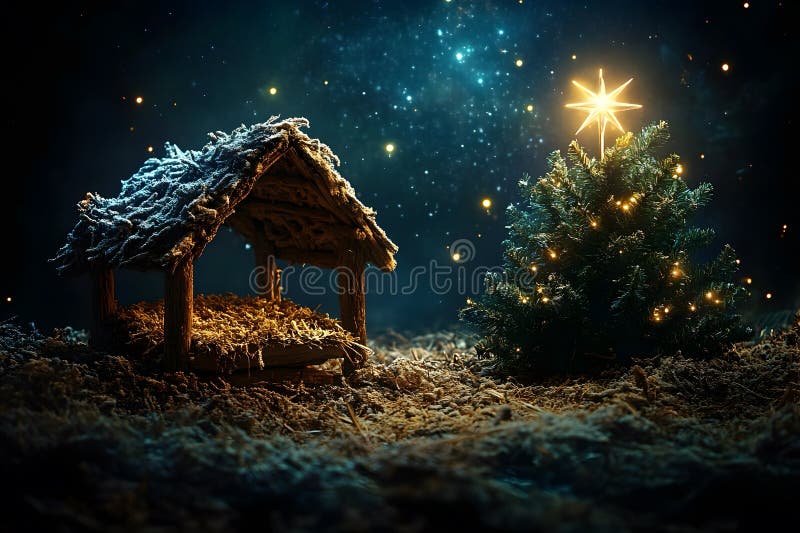An Empty Manger, a Bright Star at Sky and Christmas Tree As a Concept ...
