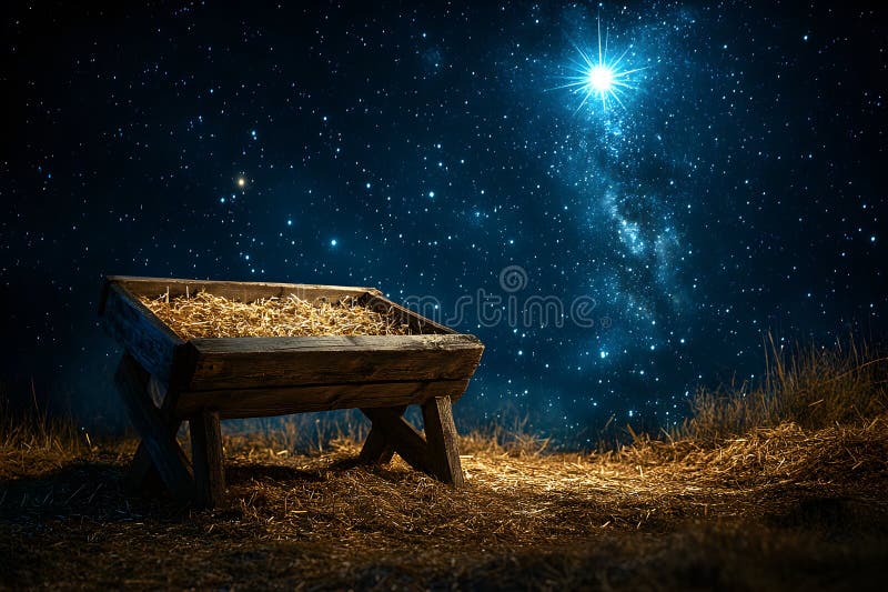 An Empty Manger and a Bright Star in Sky at Night, Concept of Nativity ...