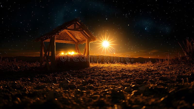 An Empty Manger and a Bright Star in Sky at Night, Concept of Nativity ...