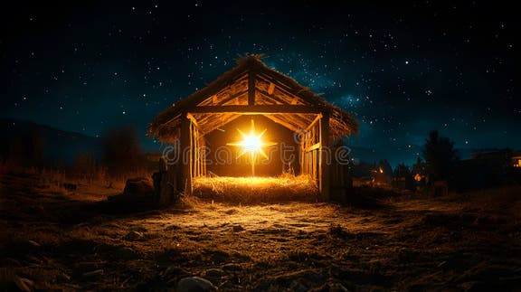An Empty Manger and a Bright Star in Sky at Night, Concept of Nativity ...