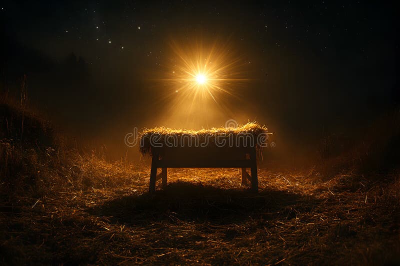 An Empty Manger and a Bright Star in Sky at Night, Concept of Nativity ...