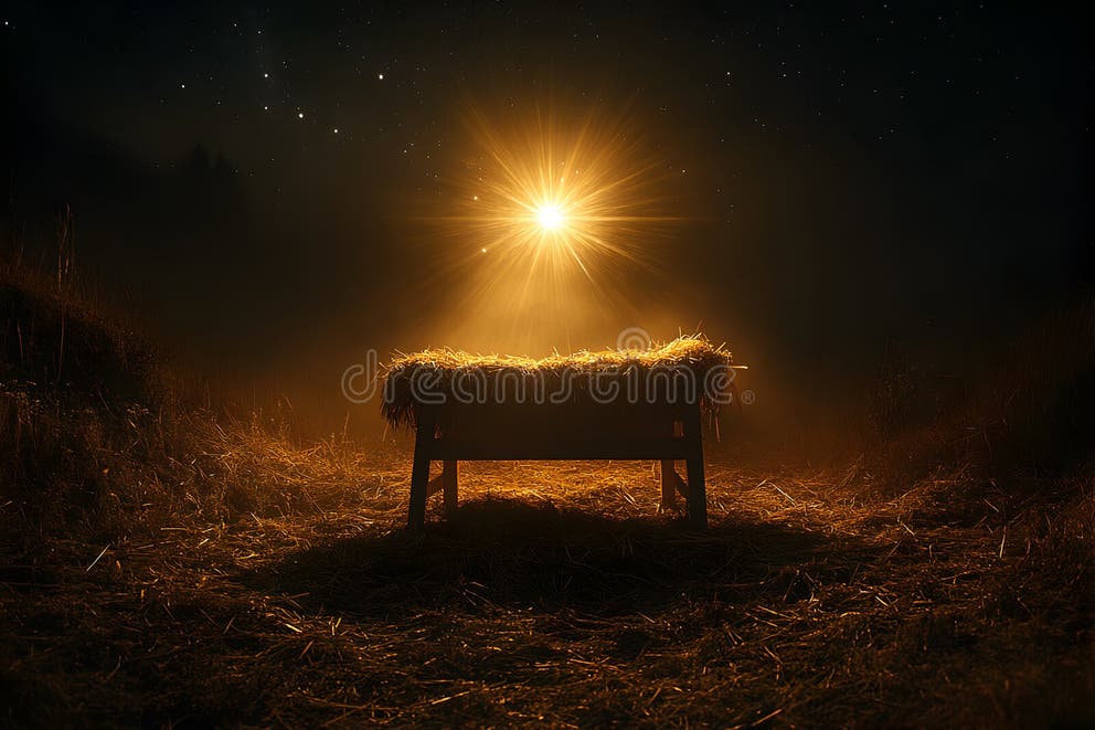 An Empty Manger and a Bright Star in Sky at Night, Concept of Nativity ...