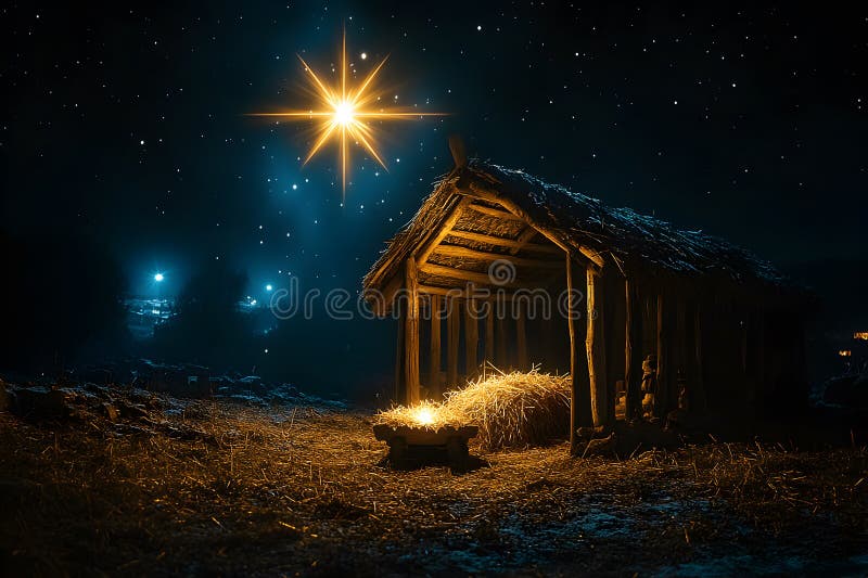 An Empty Manger and a Bright Star in Sky at Night, Concept of Nativity ...