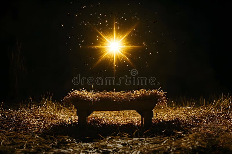 An Empty Manger and a Bright Star in Sky at Night, Concept of Nativity ...