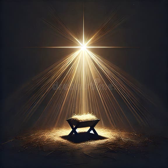 An Empty Manger and a Bright Star in Sky at Night, Concept of Nativity ...
