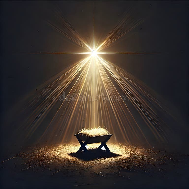 An Empty Manger and a Bright Star in Sky at Night, Concept of Nativity ...