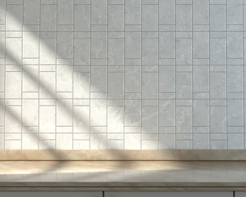 Empty Marbel Kitchen Counter, Alternating White Tiled Wall Under ...