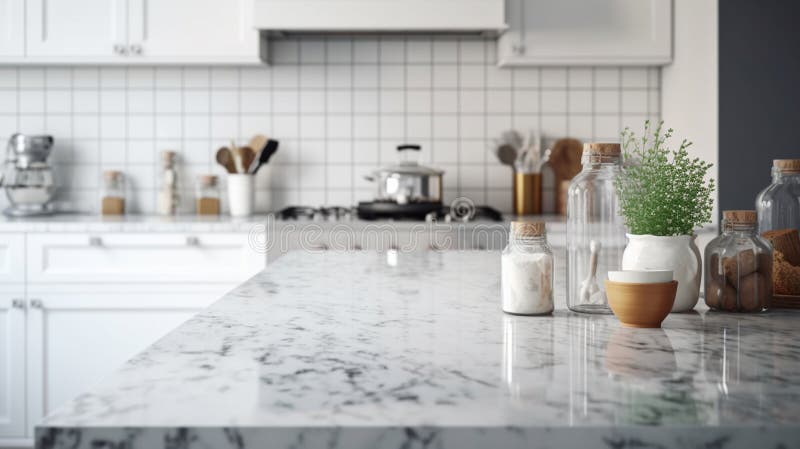 Empty Marble Countertop Kitchen with Copy Space Over Kitchen Background ...