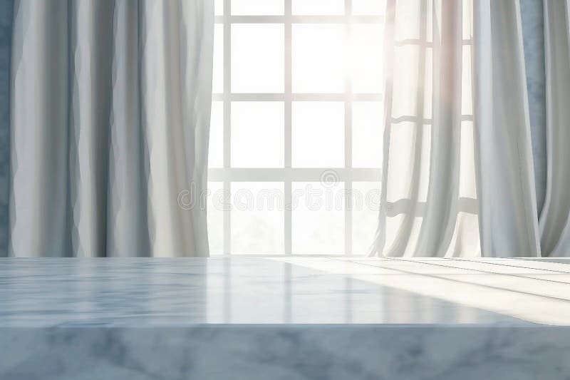 Empty Marble Desk in Front of Window Light and White Curtains. Home ...