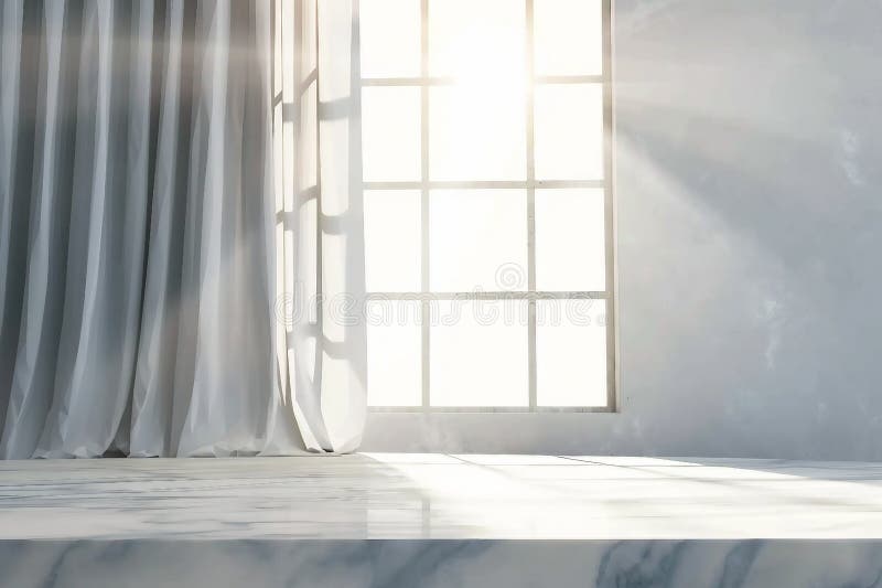 Empty Marble Desk in Front of Window Light and White Curtains. Home ...