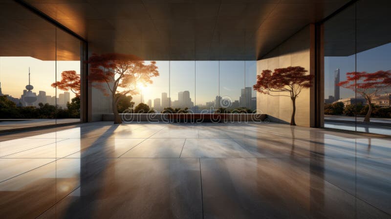 Empty Marble Floor with Cityscape and Window in Modern Office with Tree ...