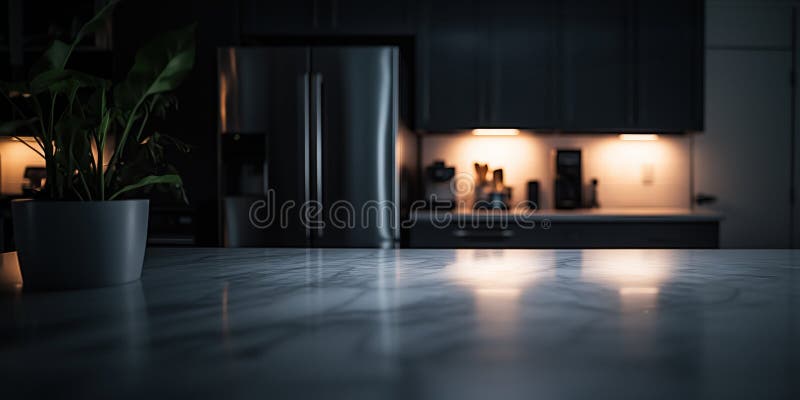 Empty Marble Kitchen Island Reflecting Warm Light with Plant Stock ...