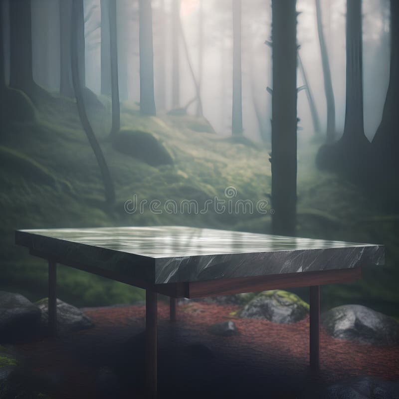 Empty Marble Table in the Misty Forest. 3D Rendering Stock Illustration ...