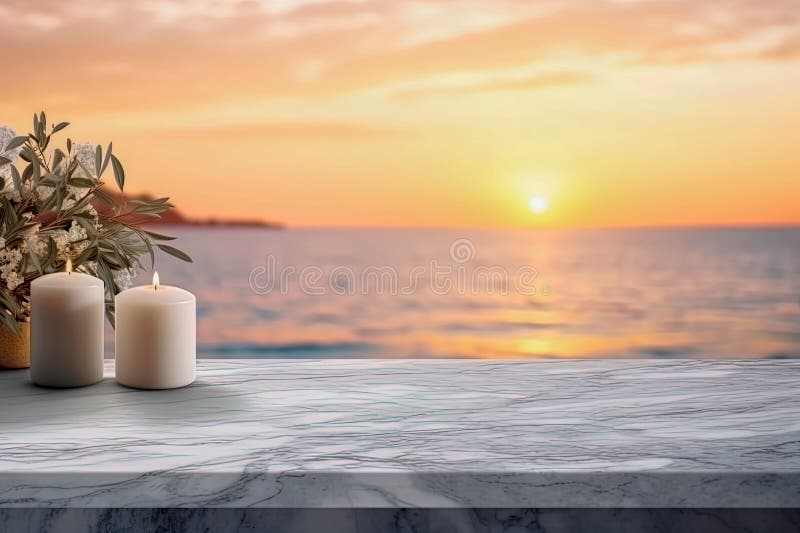 Empty Marble Table for Product Display and Product Advertising with Sea ...