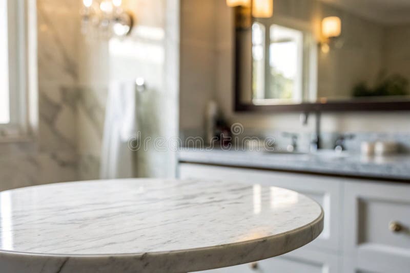Empty Marble Top Table with Blurred Bathroom Interior Stock ...
