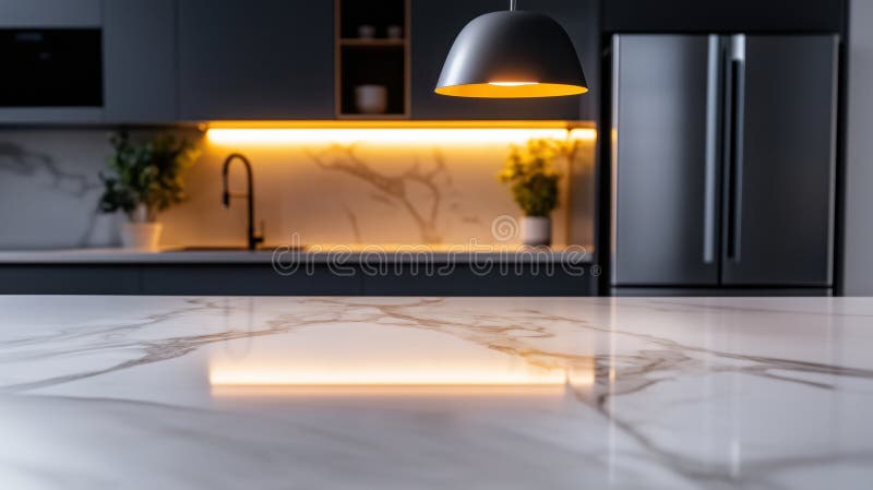 Empty Marble Tabletop Reflecting Modern Kitchen with Led Lighting Stock ...