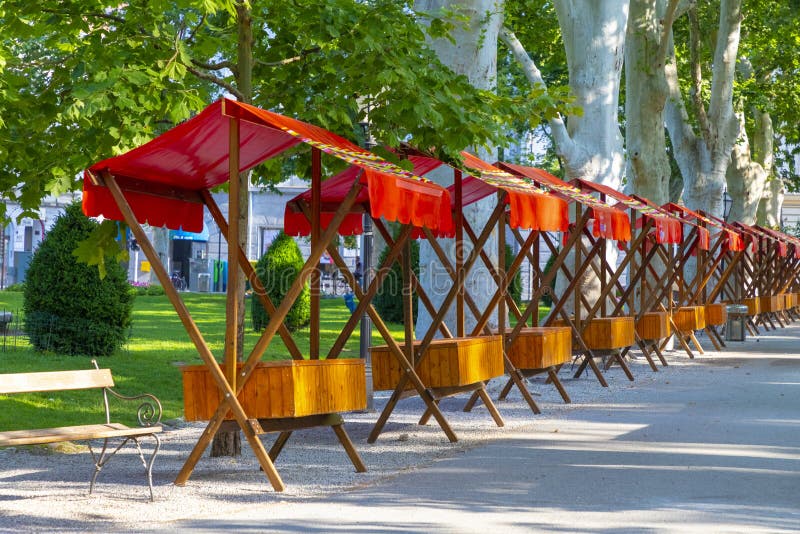 Empty market stands stock photo. Image of fair, sunshade - 118933360