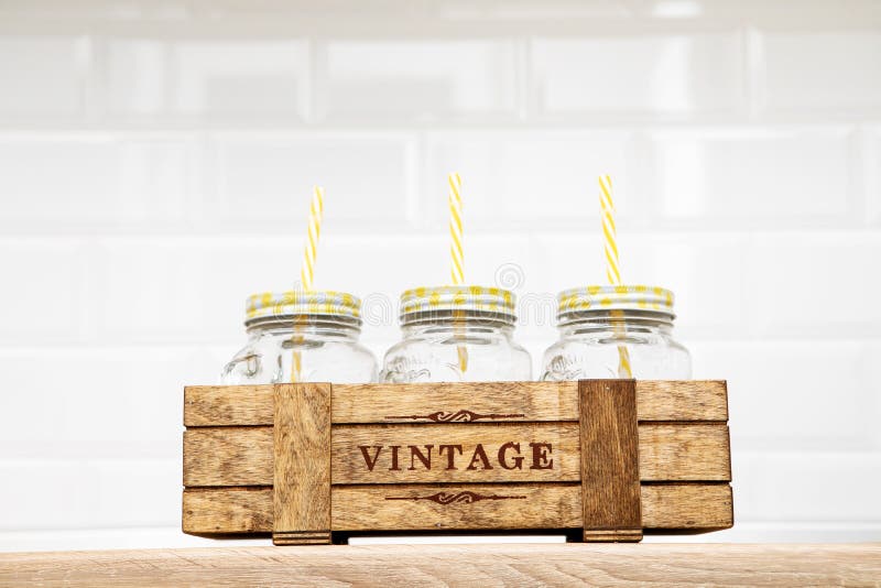 Empty Mason Jars in a Wooden Box Stock Image - Image of craft, healthy ...