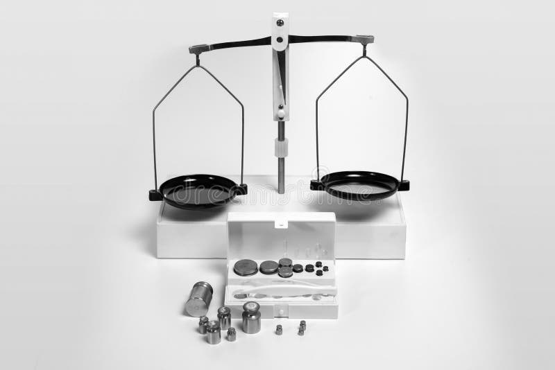 Empty Mechanical Scales with White Box with Weights in Front on a White ...