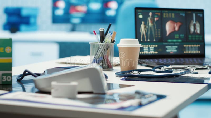 Empty Medical Office with Computers and Diagnostic Tools Set Up Stock ...