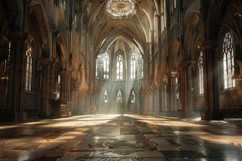 Empty Medieval Hall with Sunlight Filtering through Stained Glass Stock ...
