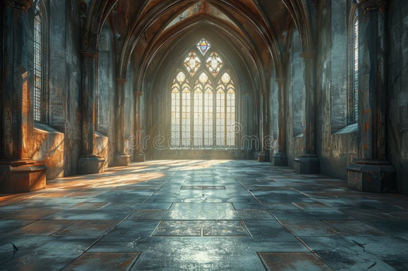 Empty Medieval Hall with Sunlight Filtering through Stained Glass Stock ...