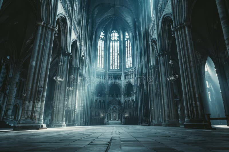 Empty Medieval Hall with Sunlight Filtering through Stained Glass Stock ...