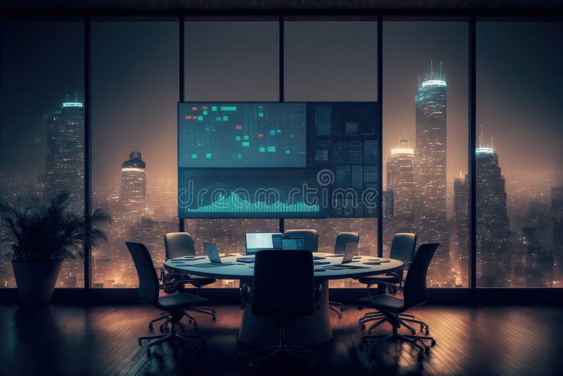 Empty Meeting Room with Big Screen Above Displaying Financial Chart ...