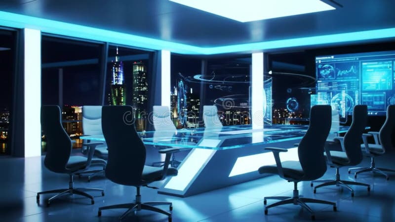 Empty Meeting Room with Futuristic Interface at Night Stock Video ...