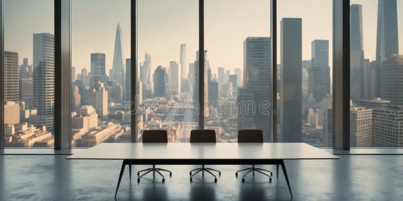 Empty Meeting Room Table Overlooking a Modern Cityscape through ...