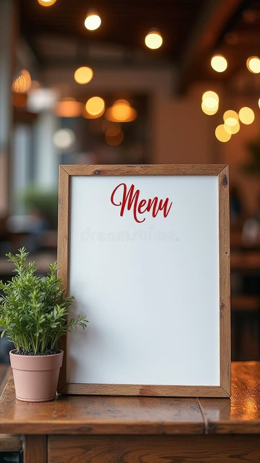 Empty Menu Board in Cozy Restaurant with Warm Lighting and Small Plant ...