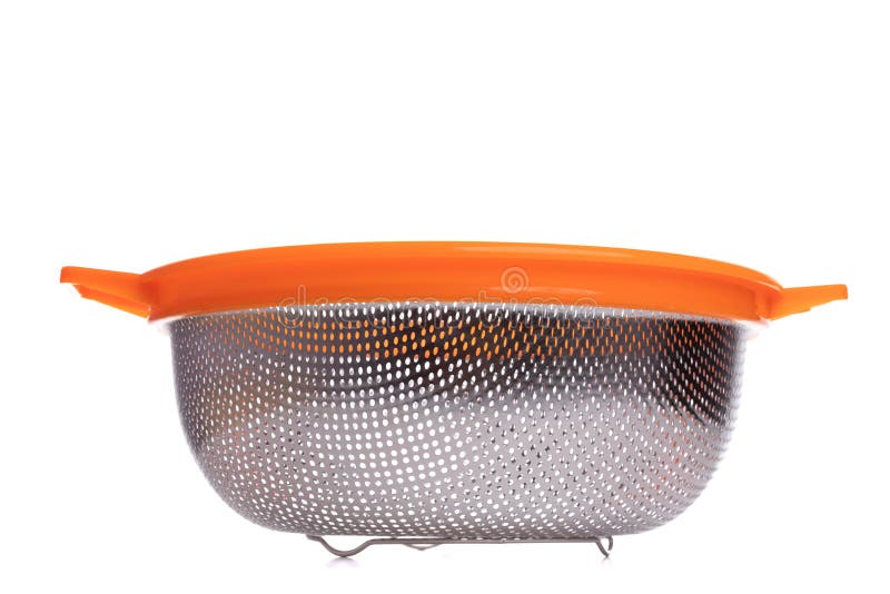 Empty Metal Colander on Legs with Orange Rim on White Background Stock ...