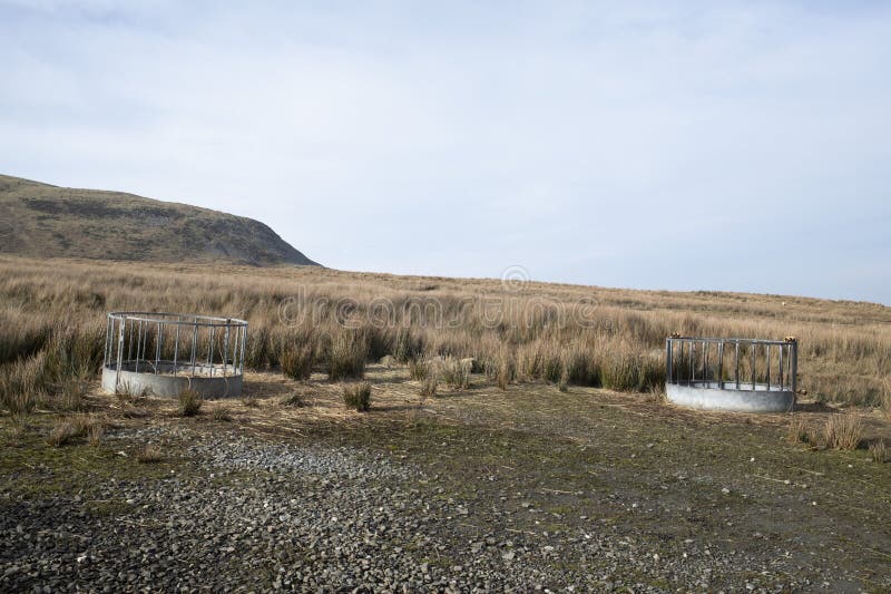 Empty Metal Hay Feeders on Hard Ground with a Marsh and Hill in the ...
