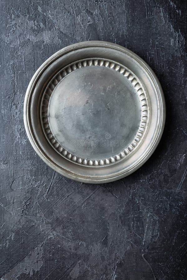 Empty Metal Plate on Dark Texture Background Top View Stock Image ...