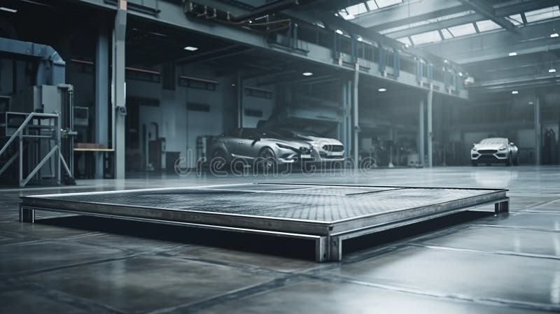 Empty Metal Platform for Displaying Products, Blurred Car Workshop in ...