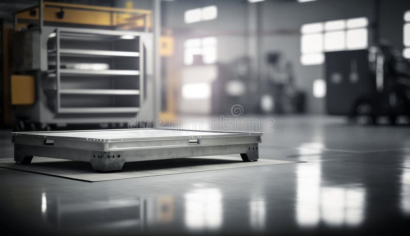 Empty Metal Platform for Displaying Products, Blurred Car Workshop in ...