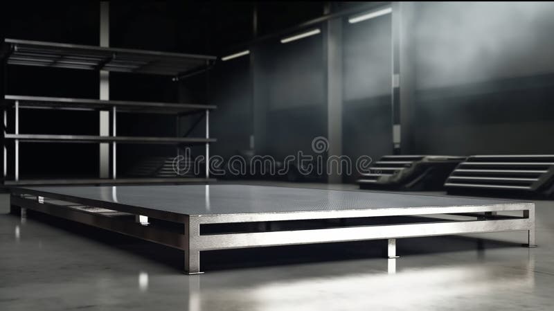 Empty Metal Platform for Displaying Products, Blurred Car Workshop in ...