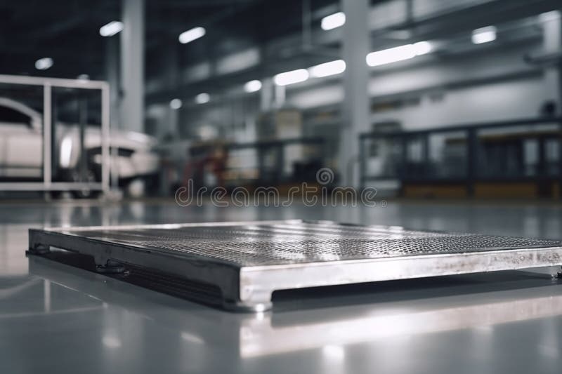 Empty Metal Platform for Displaying Products, Blurred Car Workshop in ...