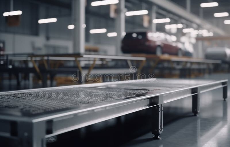 Empty Metal Platform for Displaying Products, Blurred Car Workshop in ...