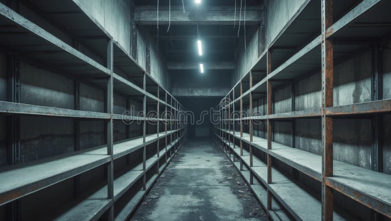 Empty Metal Shelves Standing in Dark Warehouse Corridor. Stock Image ...