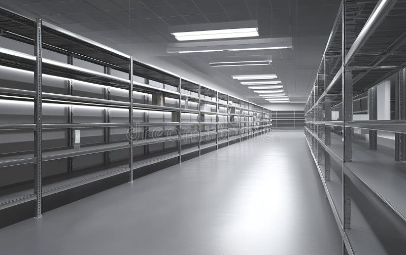 Empty Metal Shelving Units in a Modern Warehouse with Bright Lighting ...