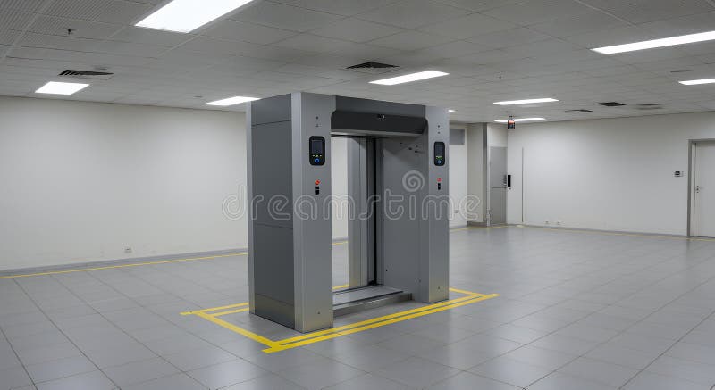 Empty Metallic Gray Full-Body Scanner in a Bright Security Checkpoint ...