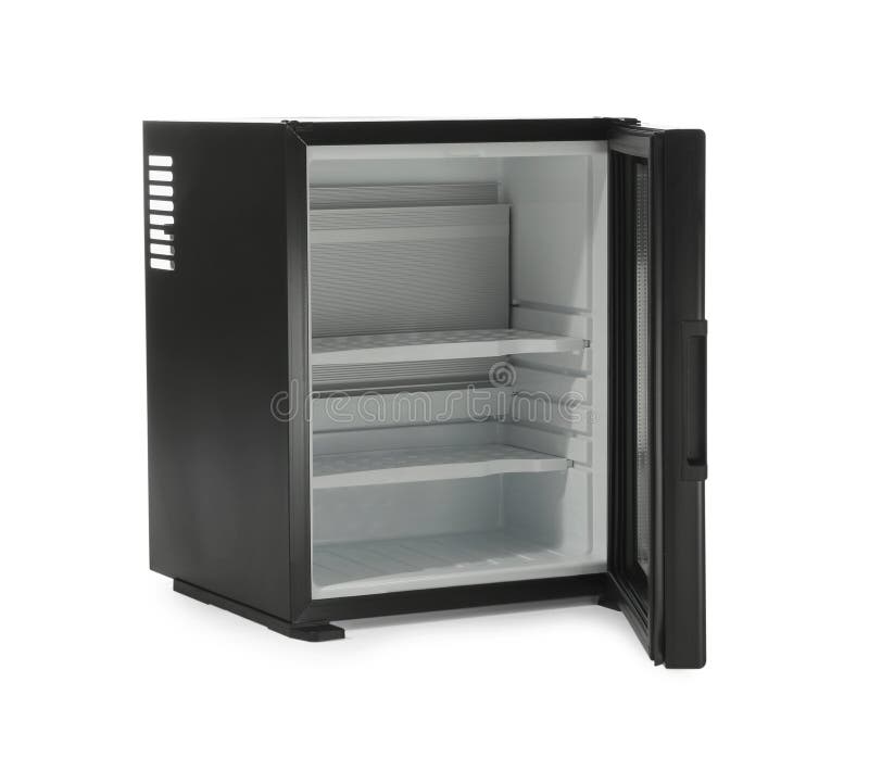 Empty Mini Bar with Open Glass Door Isolated on White Stock Photo ...